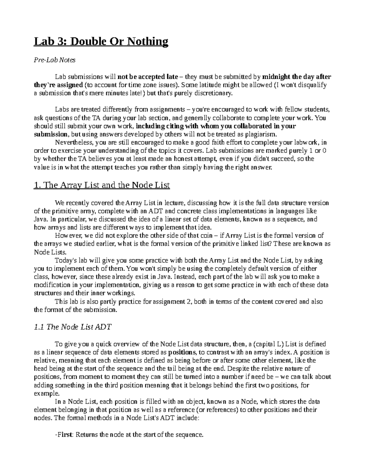 Lab 3: Double Or Nothing - Node & Array List Implementation Notes - Studocu