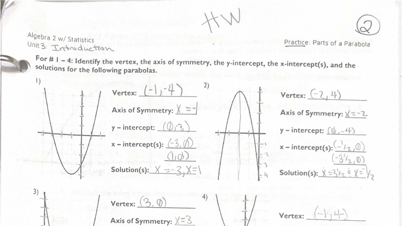 HW 2 Algebra 2 Statistics Unit 3: Parabola Practice and Vertex ...