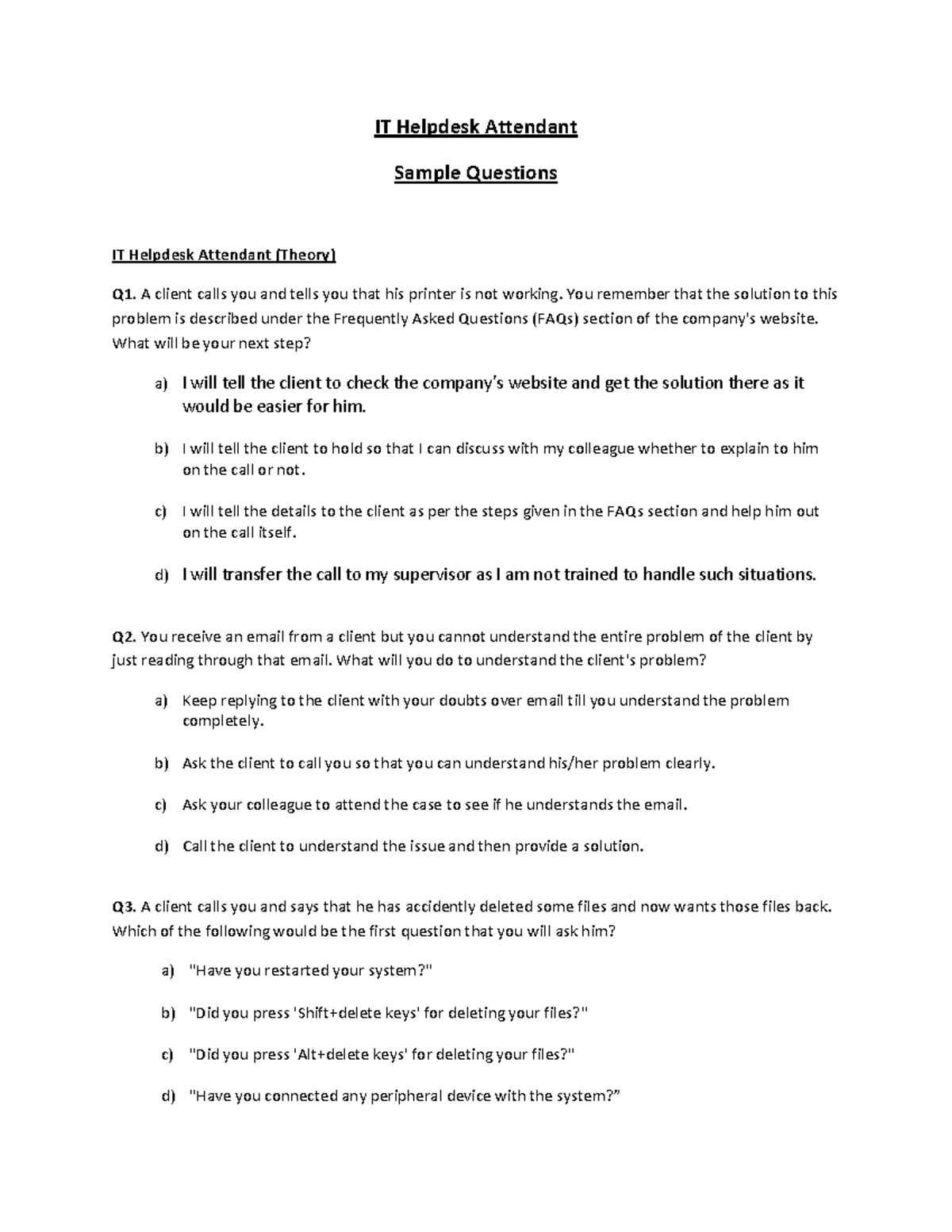 IT Helpdesk Attendant Exam Sample Questions and Scenarios - Studocu