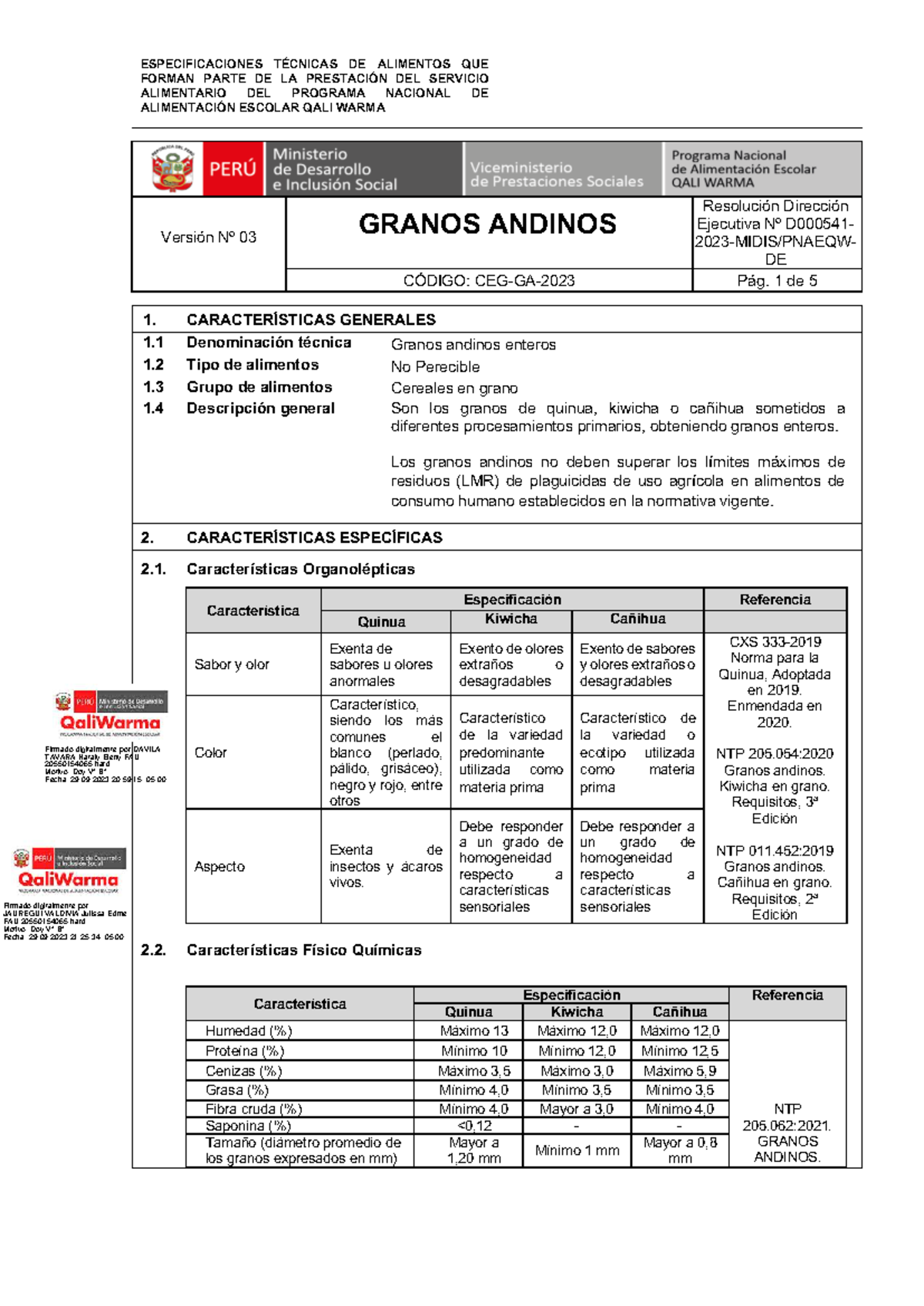 ESPECIFICACIONES TÉCNICAS DE GRANO ANDINO - QALI WARMA 2023 - Studocu
