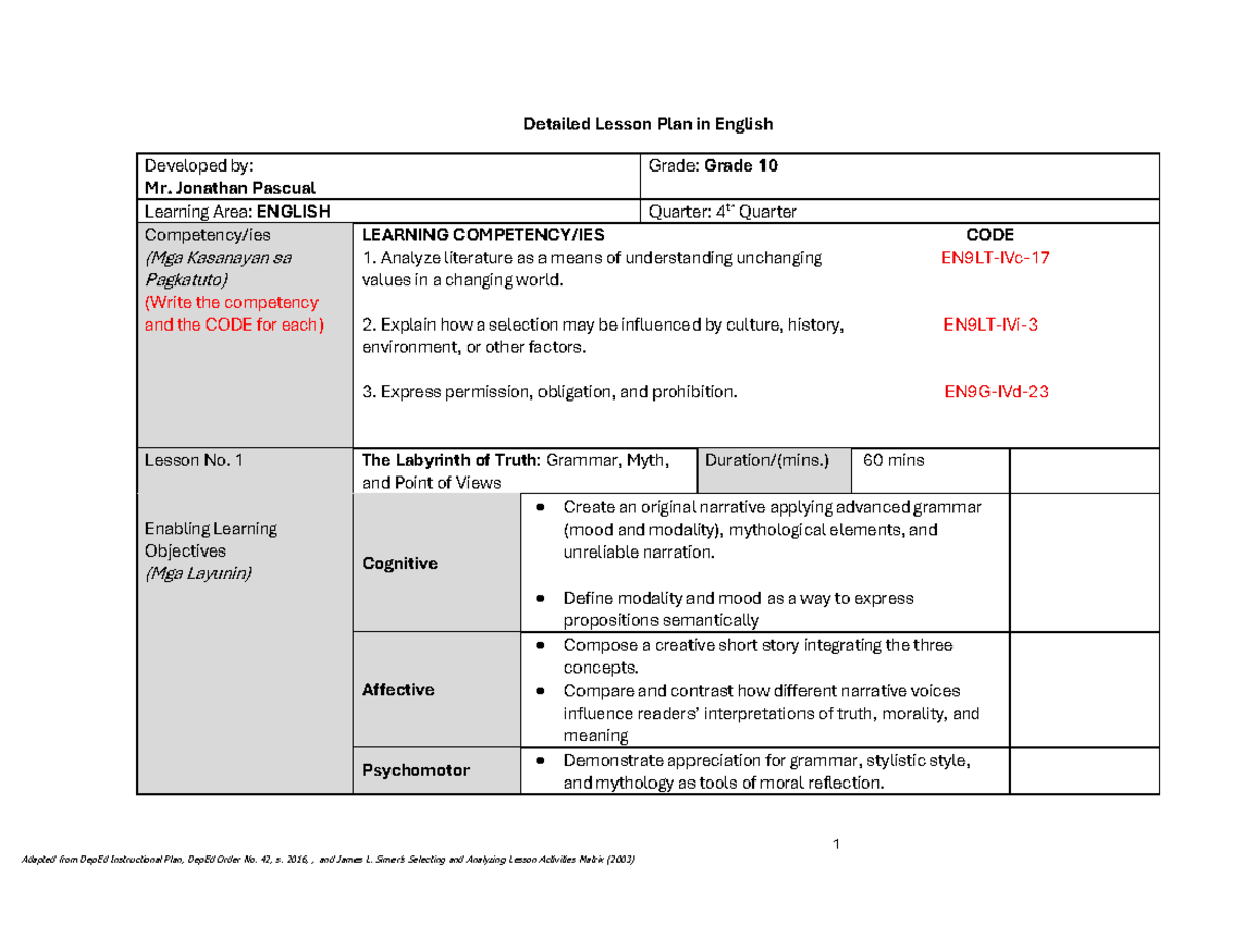 Detailed Lesson Plan in English (Grade 10, 4th Quarter) by Mr. Pascual ...
