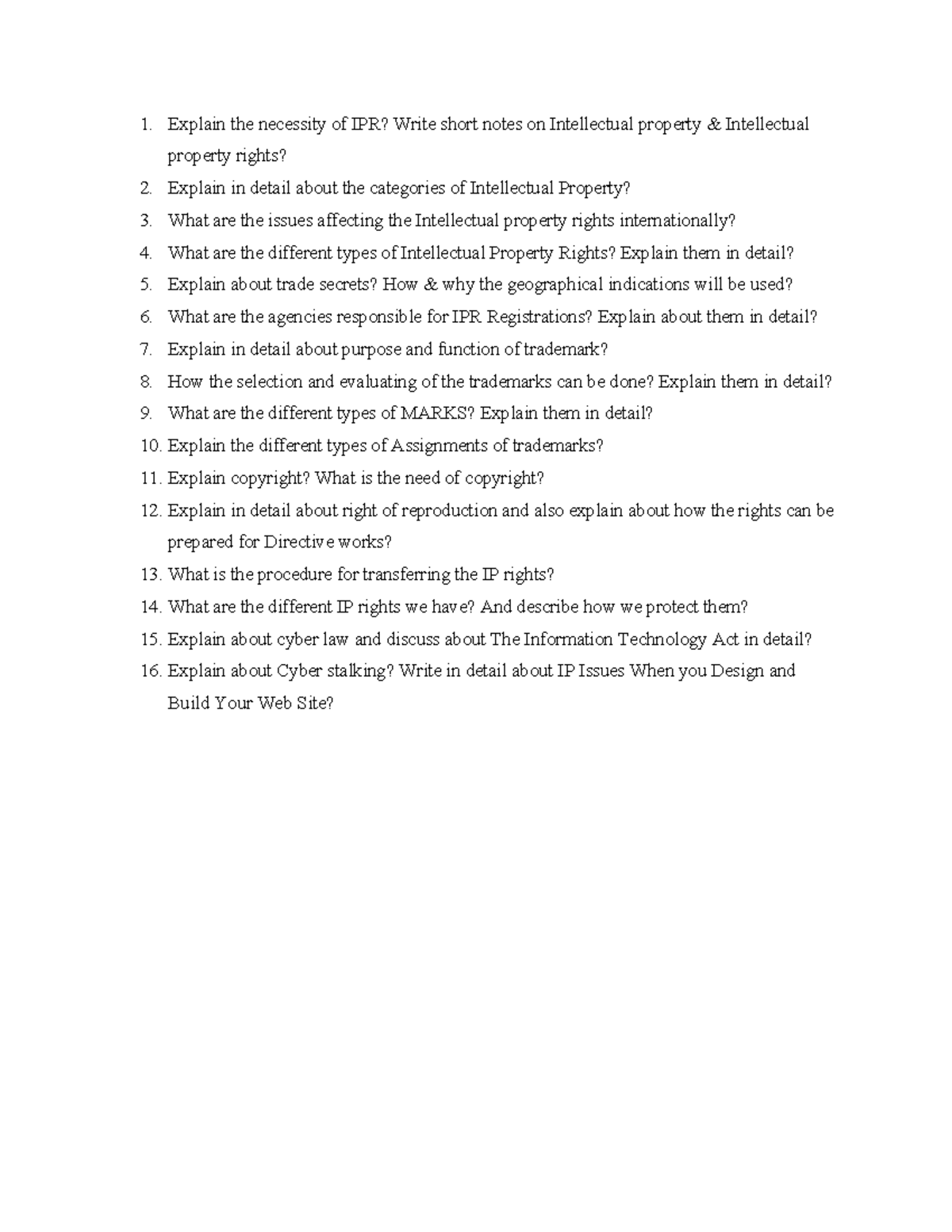 IPR Important Questions for Final Exam - Comprehensive Guide - Studocu