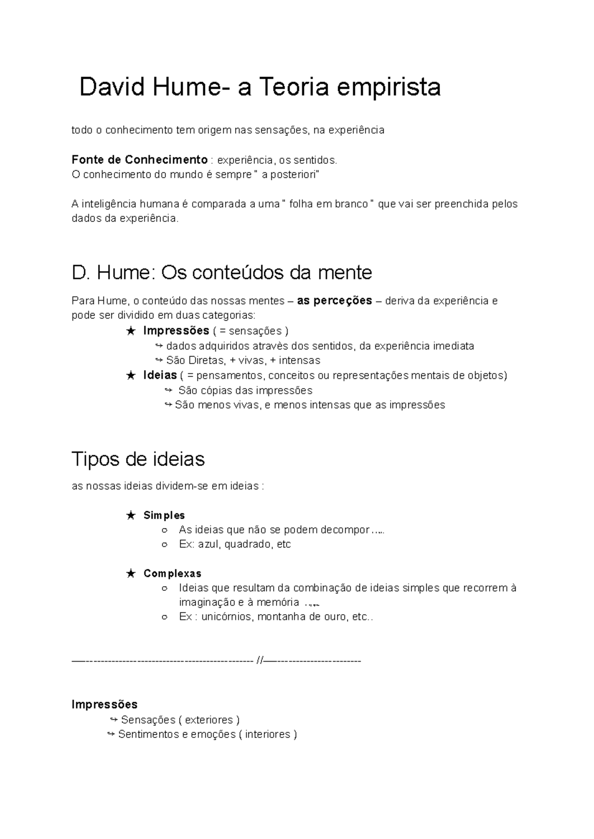 Filosofia D. Hume: Teoria Empirista e Conhecimento Sensível - Studocu