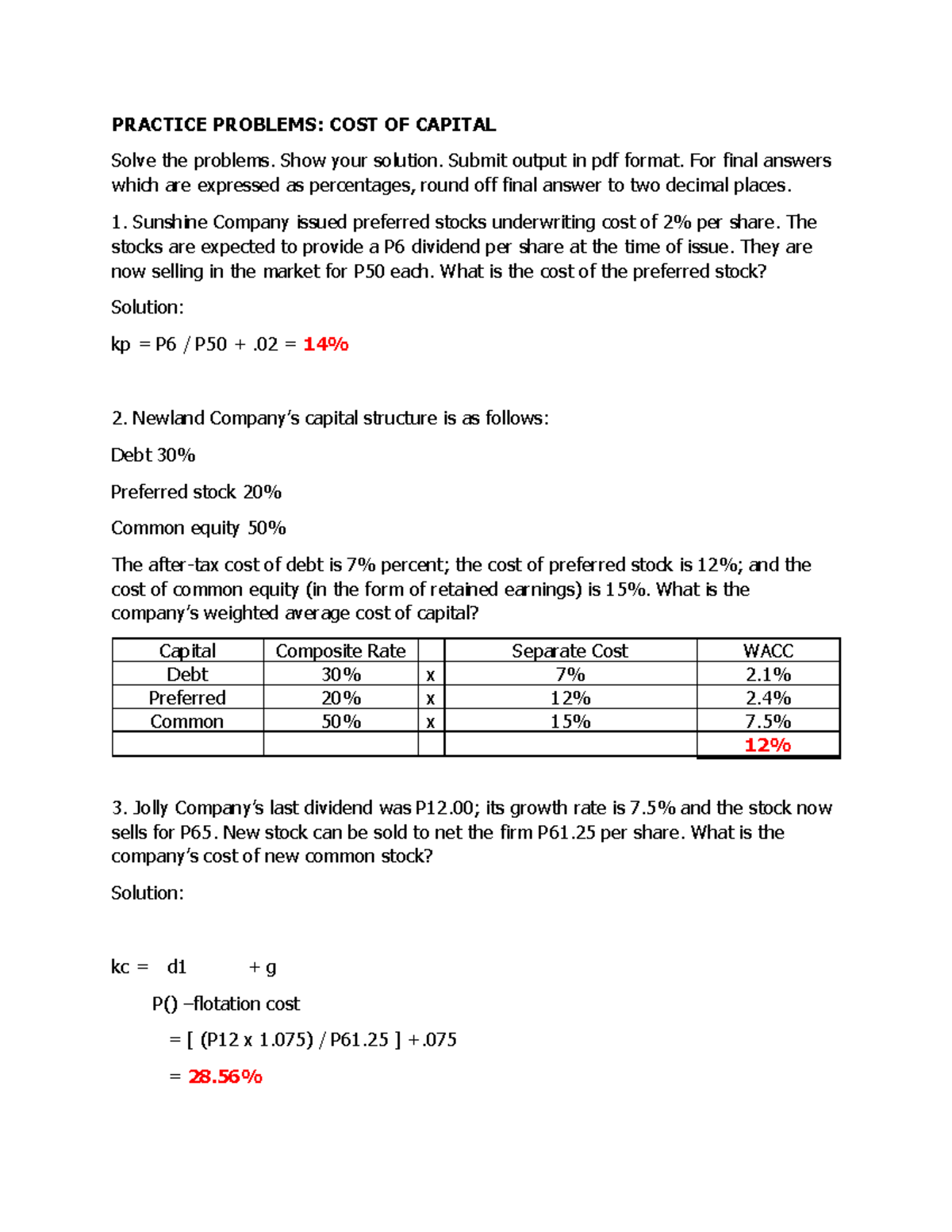 Practice Problems: Cost of Capital Analysis for Financial Decision ...