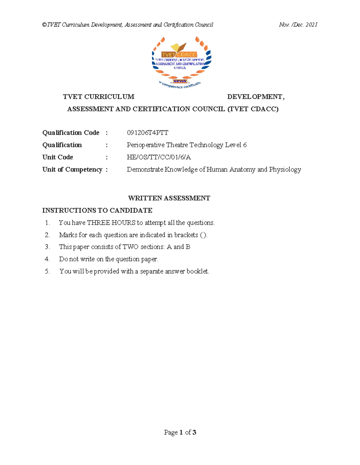 TVET 091206T4PTT: Written Assessment on Anatomy - 2023 Questions - Studocu