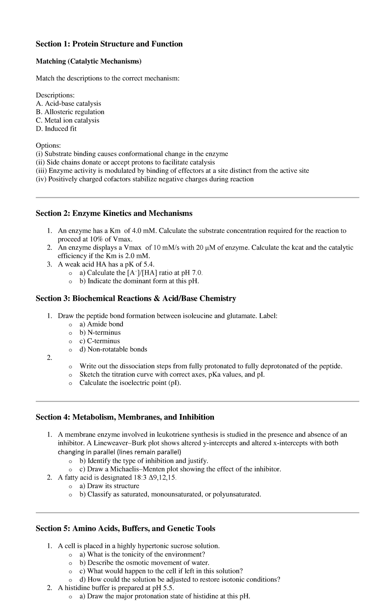 Practice Exercises for BIOL2080: Protein Structure & Enzyme Kinetics ...