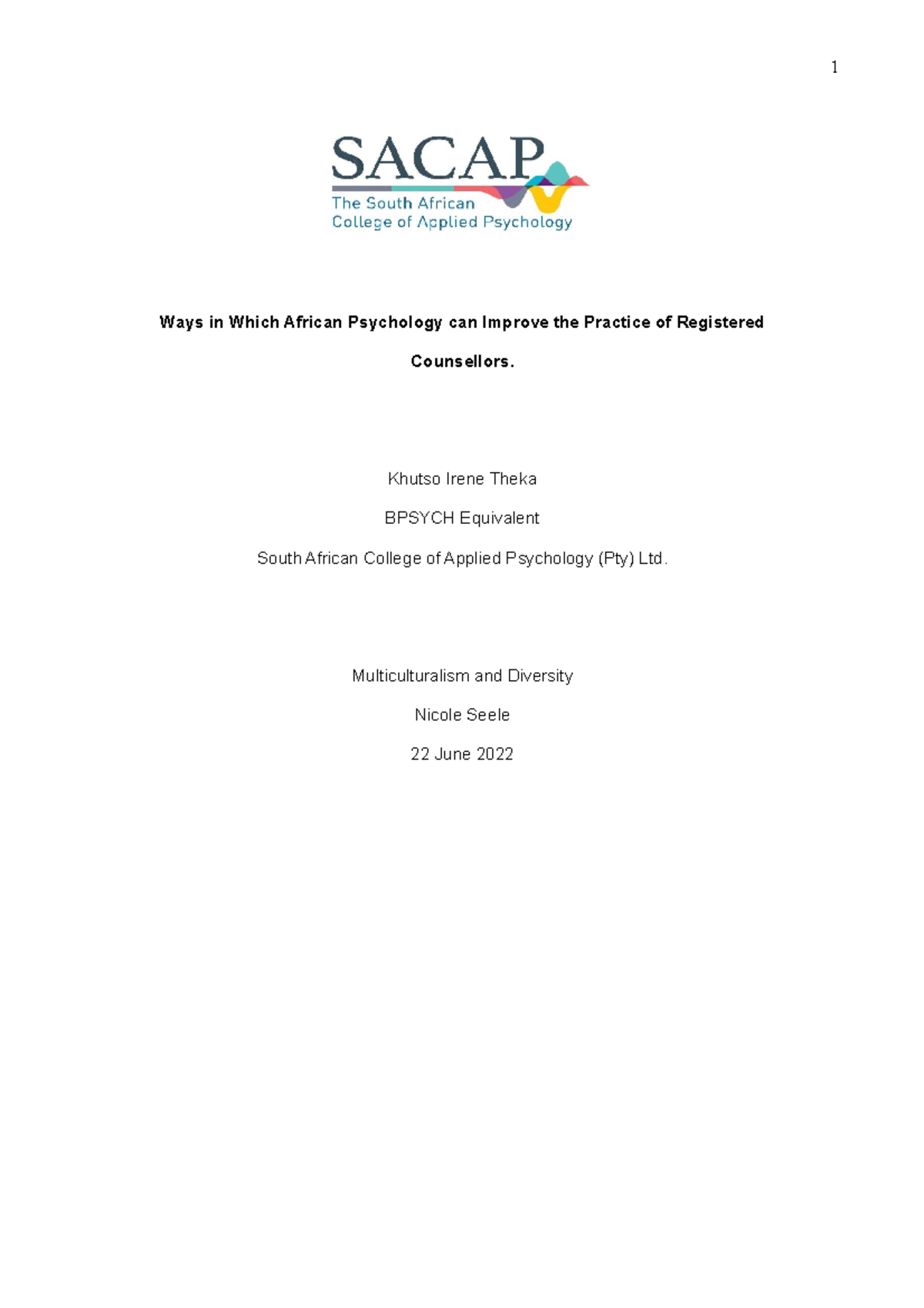 BPSYCH Assessment 1: Enhancing Counseling with African Psychology - Studocu