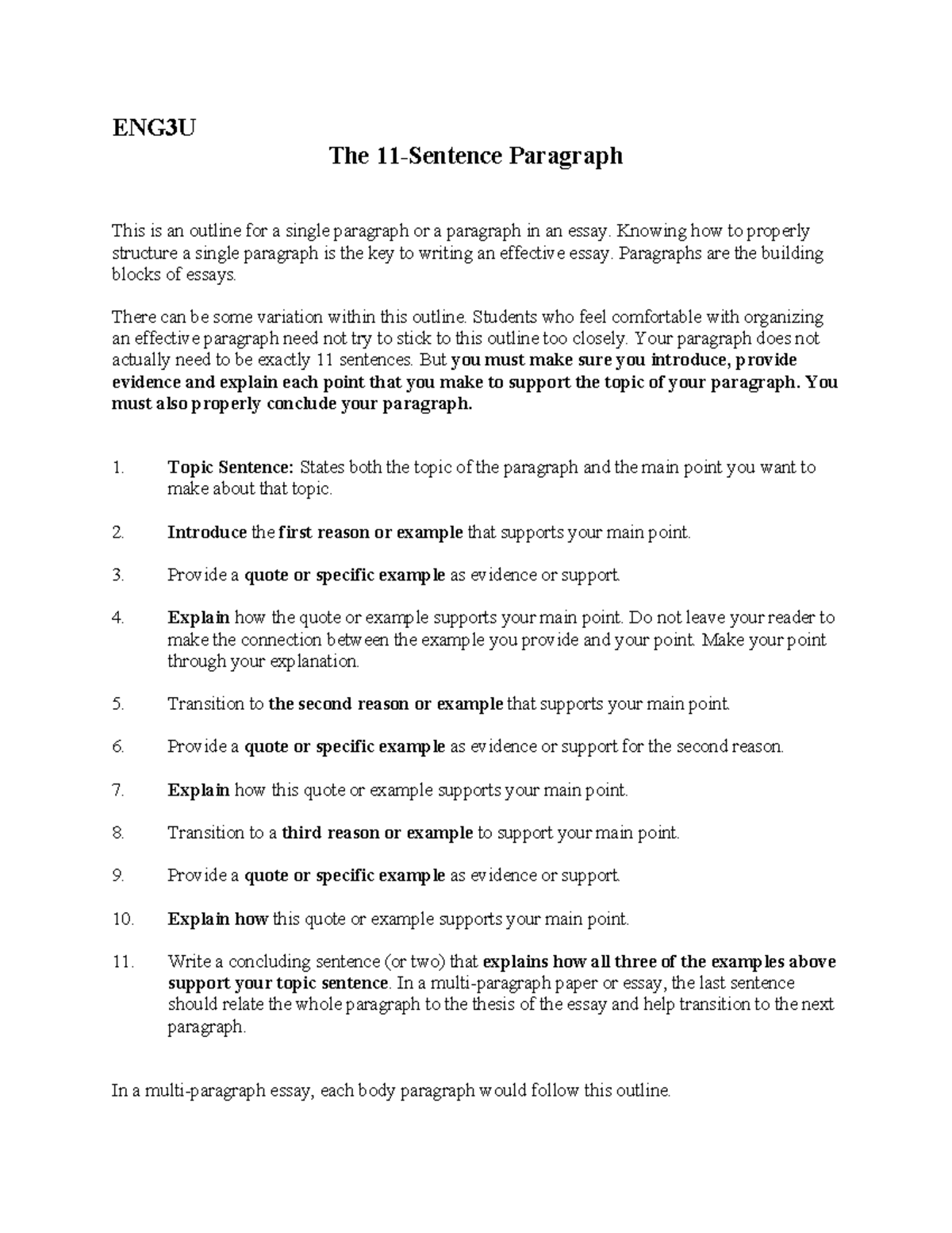 ENG3U 11-Sentence Paragraph Outline for Essay Structure - Studocu