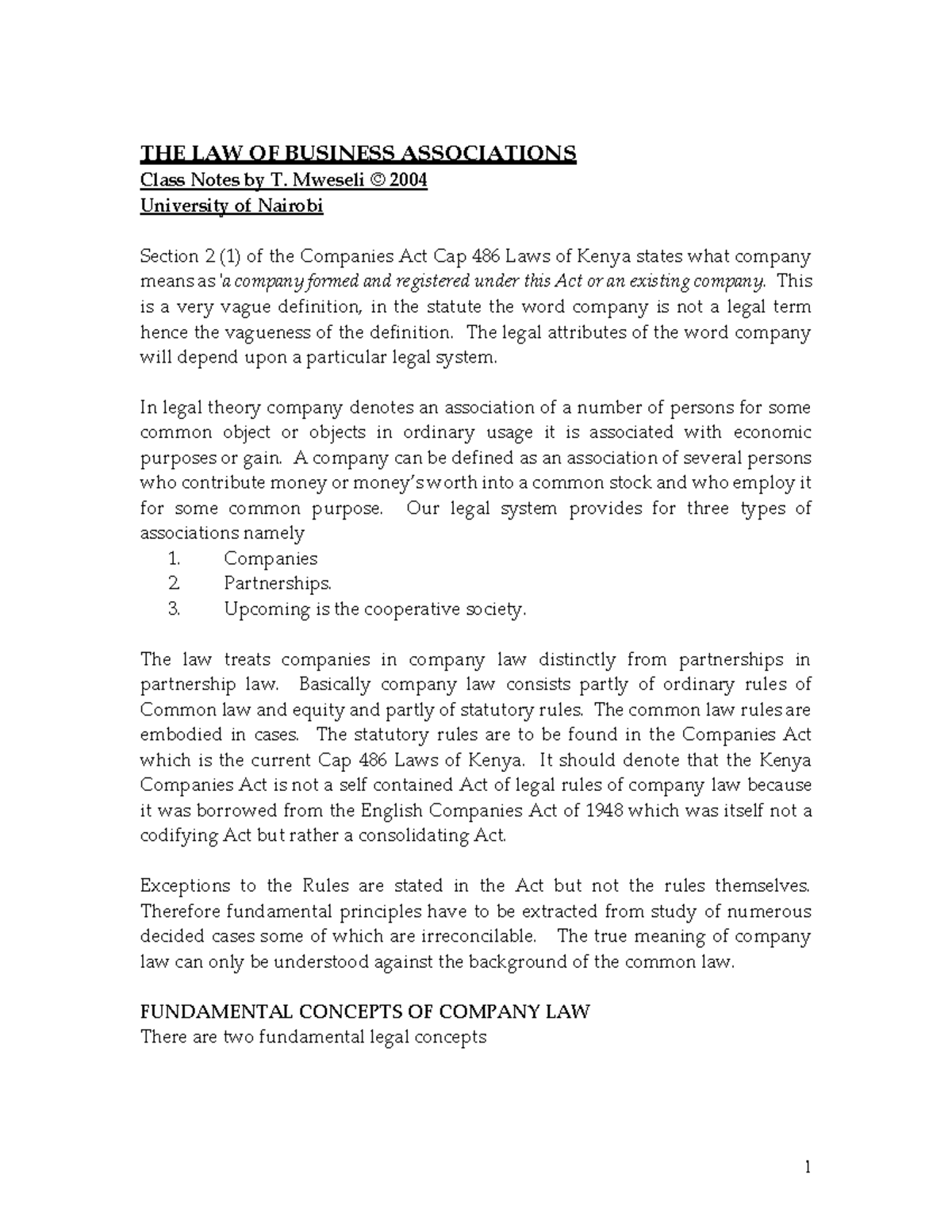 Company Law Class Notes (LAW 101) - T. Mweseli, 2004 - Studocu
