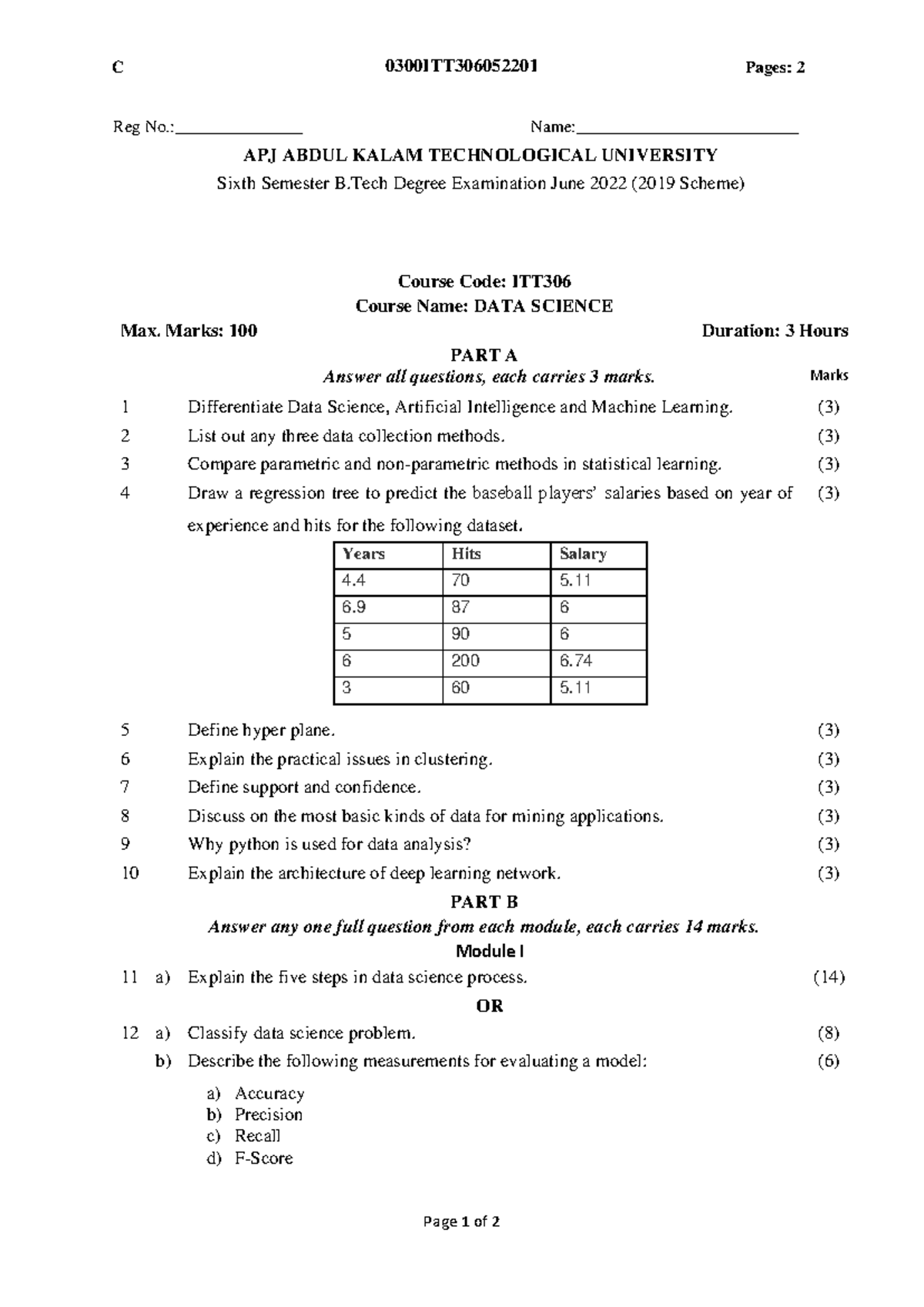 ITT306-QP - Data Science Question Paper with Mark Distribution - Studocu