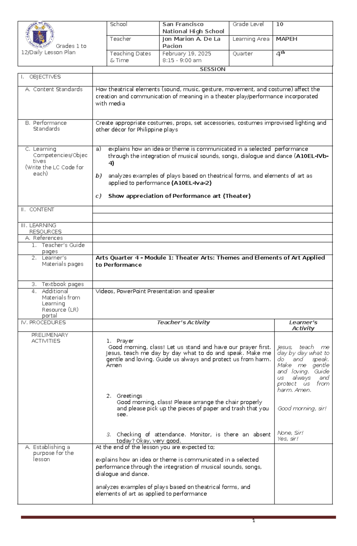 DLP Music 10: Lesson Plan on Theater Arts & Performance Elements - Studocu