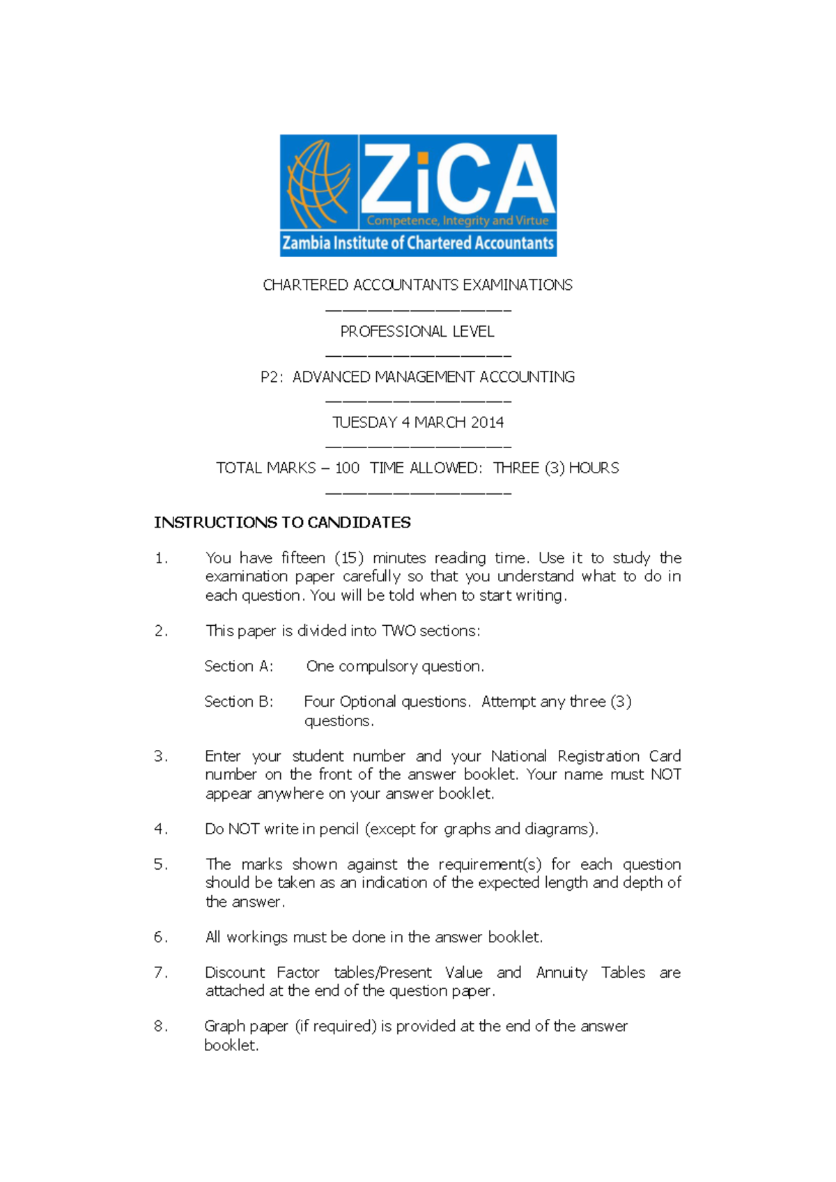 ZiCA P2: Advanced Management Accounting Past Exam Review 2014 - Studocu
