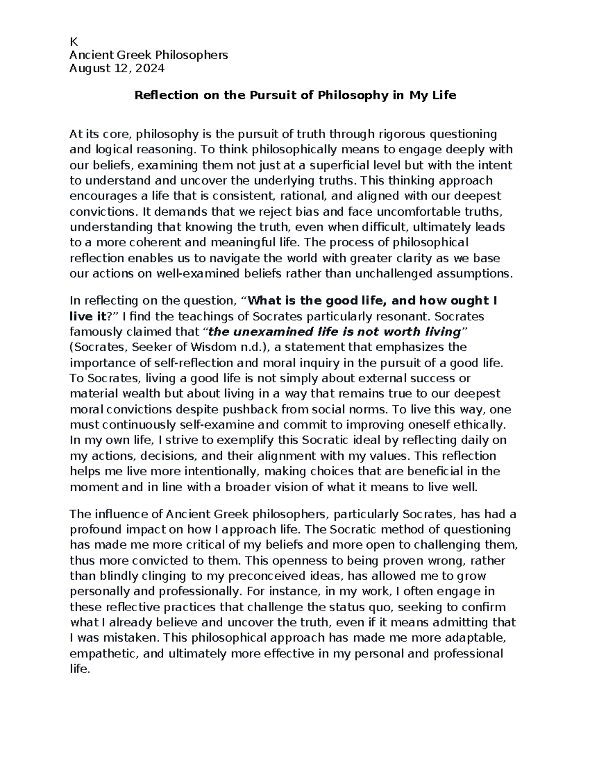 Reflection on Philosophy's Impact on Personal Growth and Ethics - Studocu