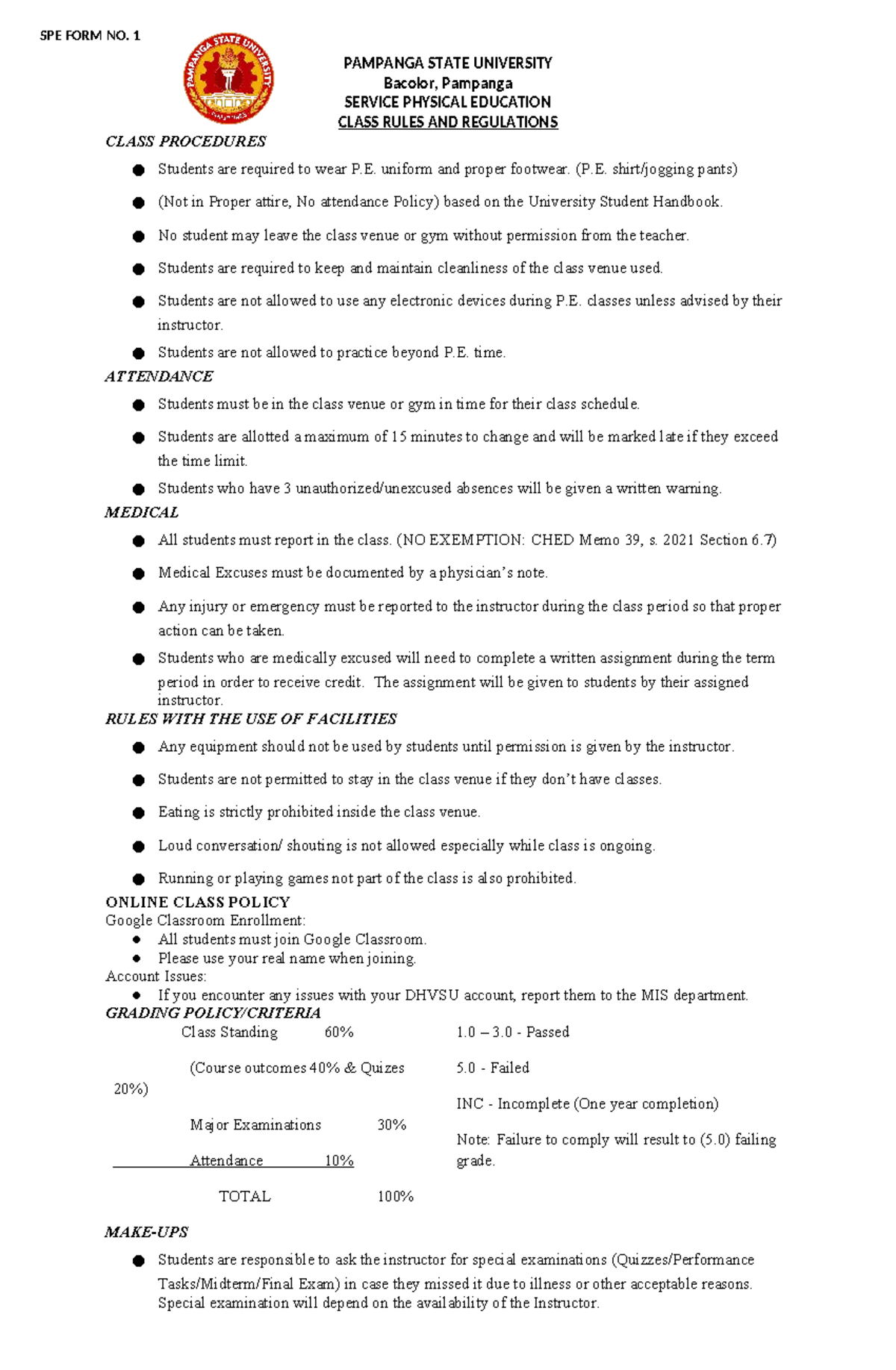 SPE FORM 1 2025-2026: P.E. Class Rules & Regulations - Studocu