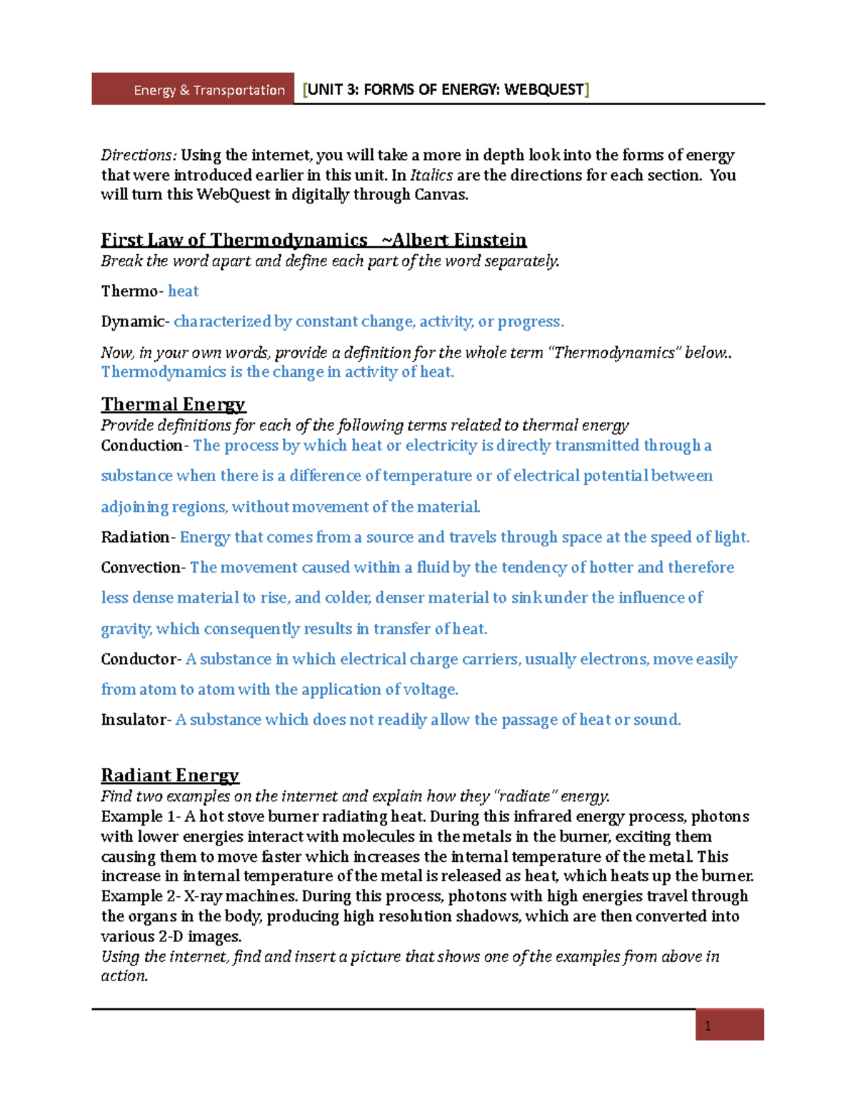 Forms of Energy Webquest - Directions: Using the internet, you will ...