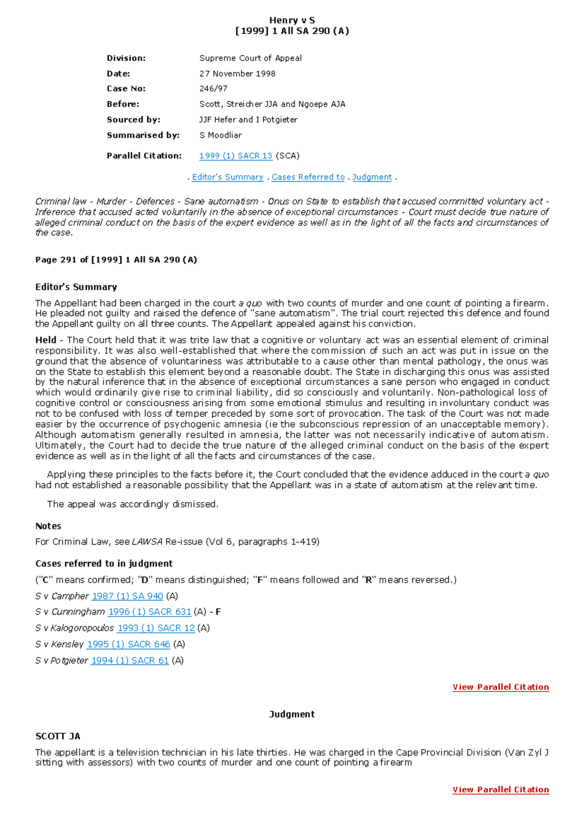 **Henry v S [1999] 1 All SA 290 (A) - Supreme Court Appeal on Sane ...