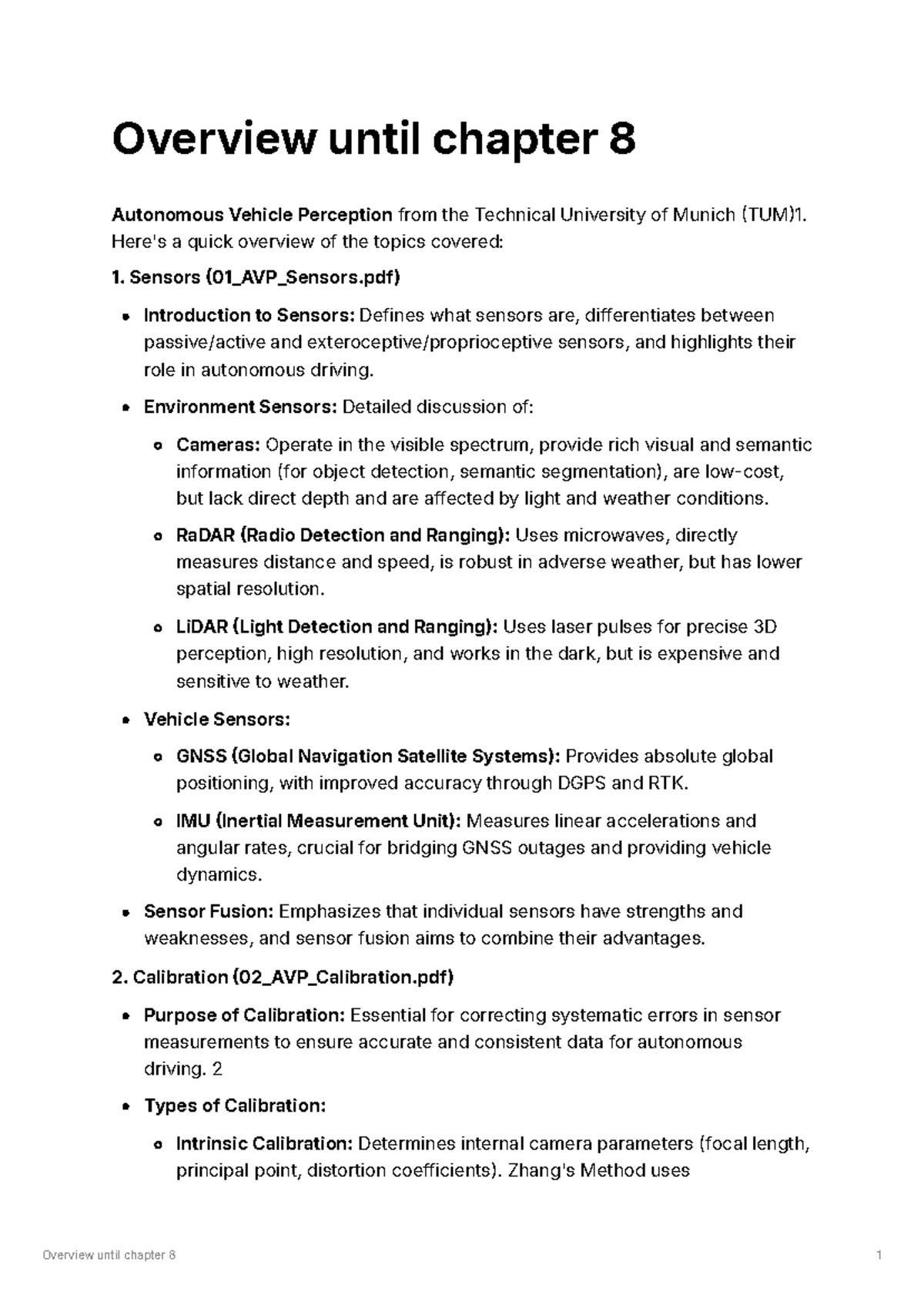AV Perception Overview: Key Topics from Chapters 1-8 (TUM) - Studocu