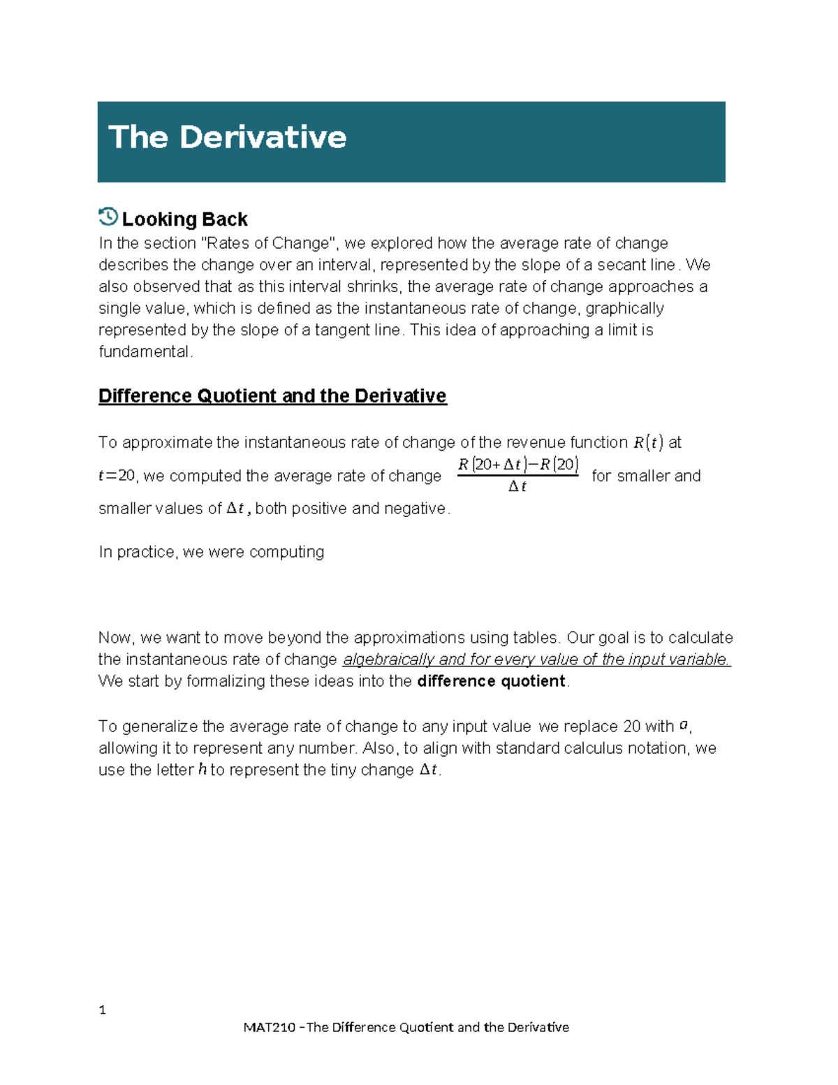 MAT210 1.4 Gapped Notes on the Derivative and Difference Quotient - Studocu