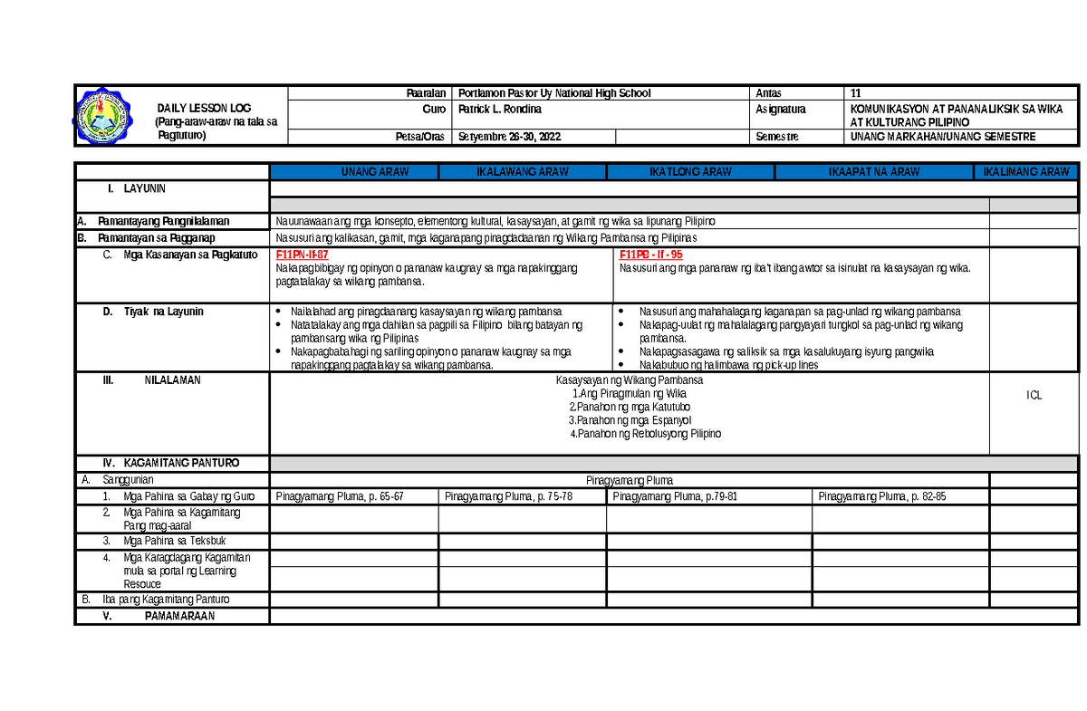 DLL FIL SEPT 26 - n/a - DAILY LESSON LOG (Pang-araw-araw na tala sa ...