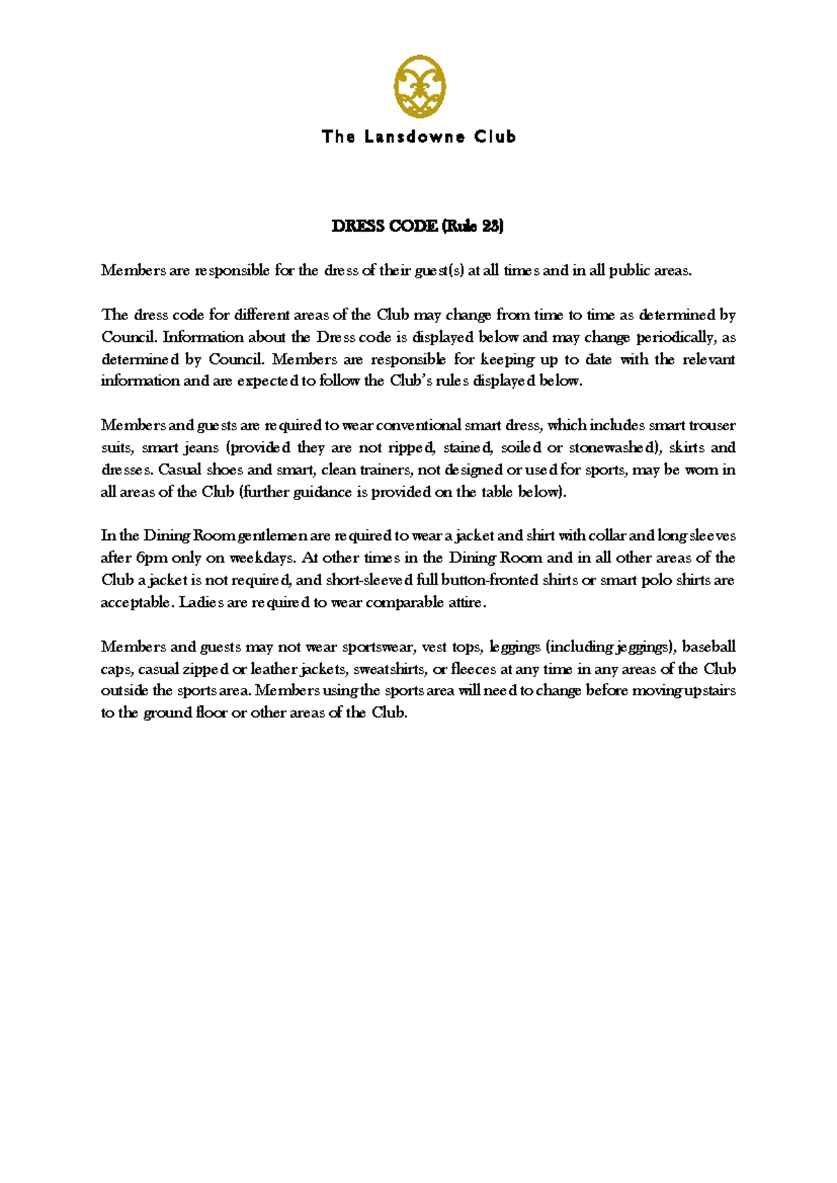 Dress Code Guidelines (Rule 23) for Club Members and Guests - Studocu