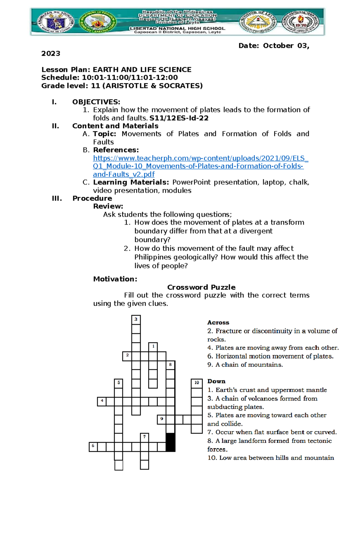 Lesson Plan Earth And Life Science Grade 11 Oct 03 2023 Studocu