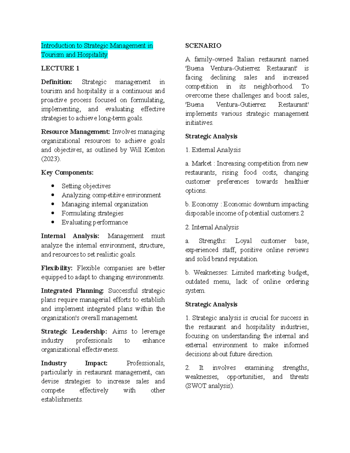 Strategic Management in Tourism & Hospitality: Lecture 1 Overview - Studocu