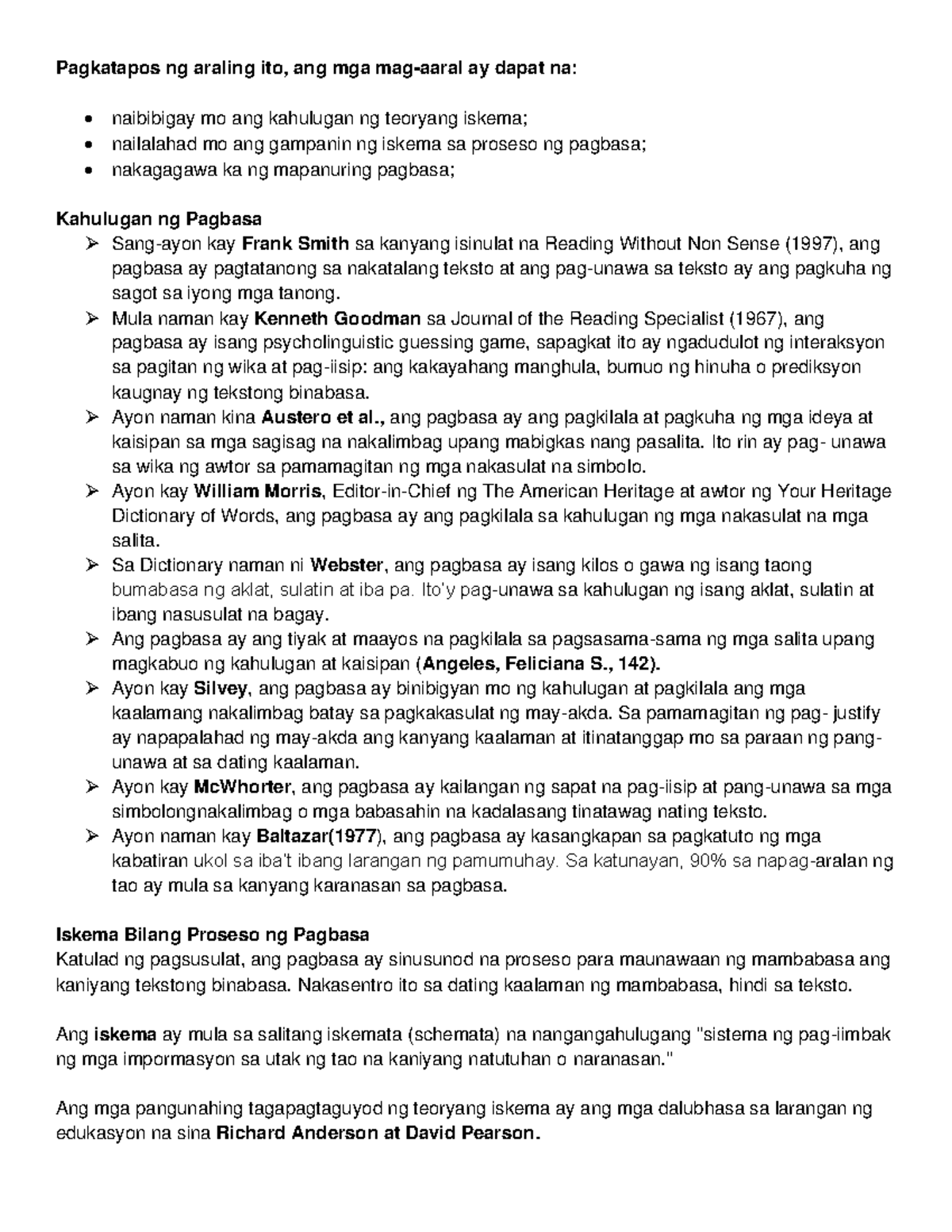 Pagbasa at Iskema: Proseso at Kahalagahan sa Literatura - Studocu
