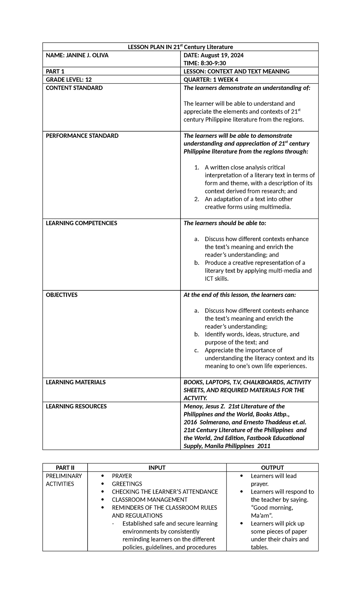 LESSON PLAN: Understanding 21st Century Literature (Grade 12, Q1, W4 ...