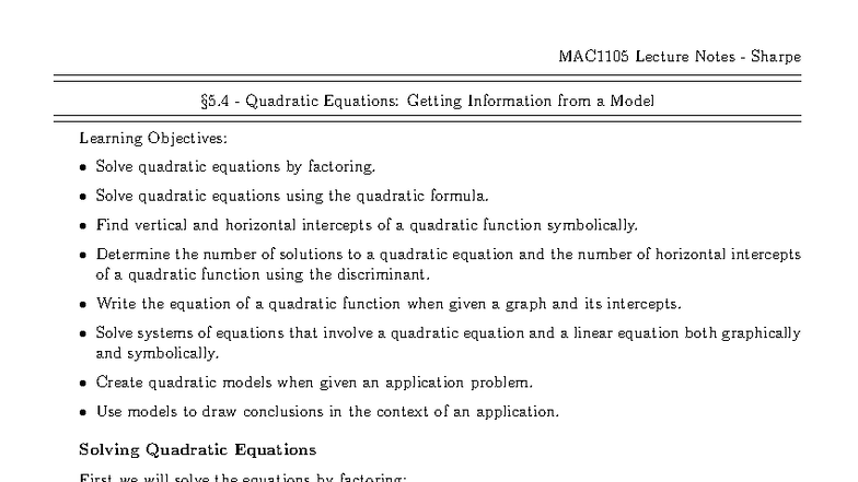 MAC1105 Lecture Notes: Solving Quadratic Equations & Models - Studocu