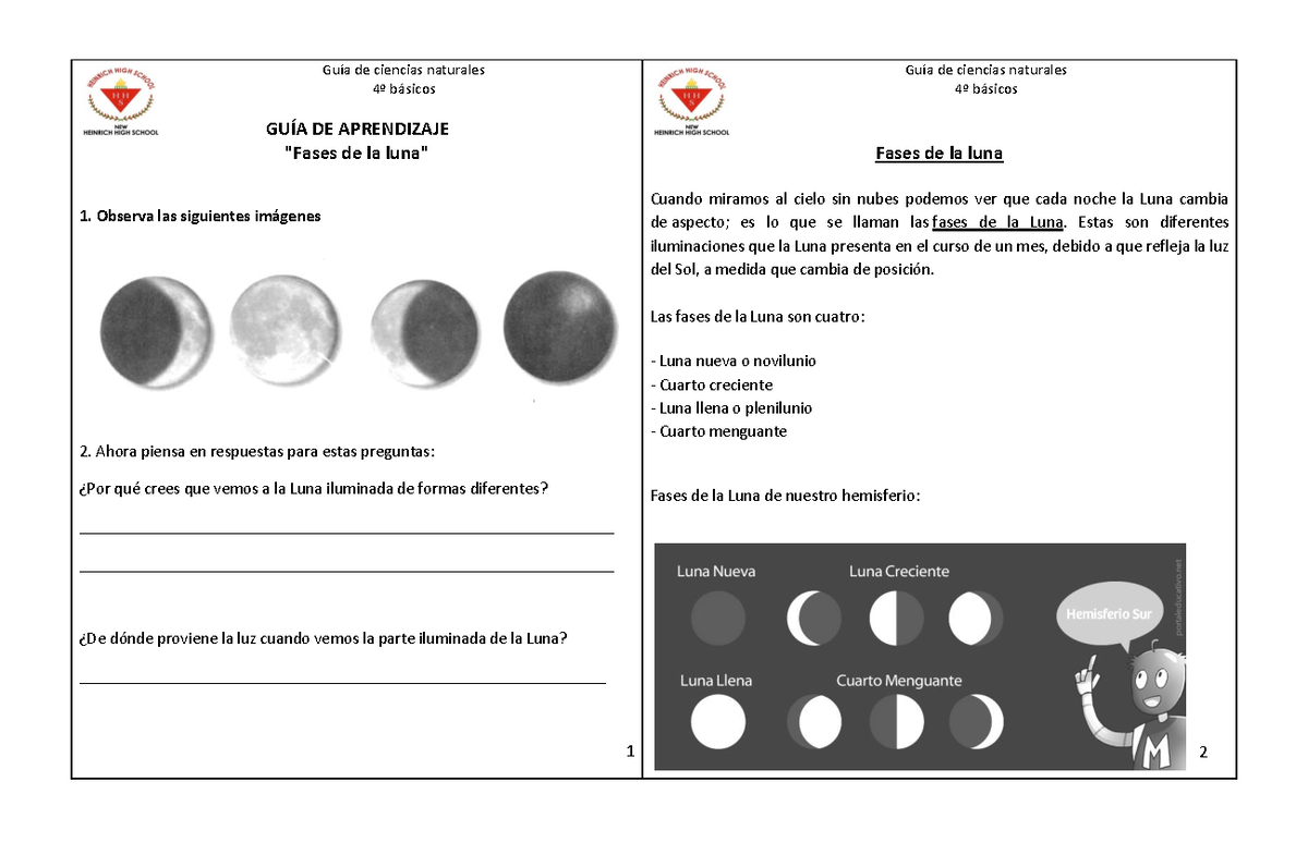 Ciencias 4Bo: Guía de Aprendizaje sobre las Fases de la Luna - Studocu