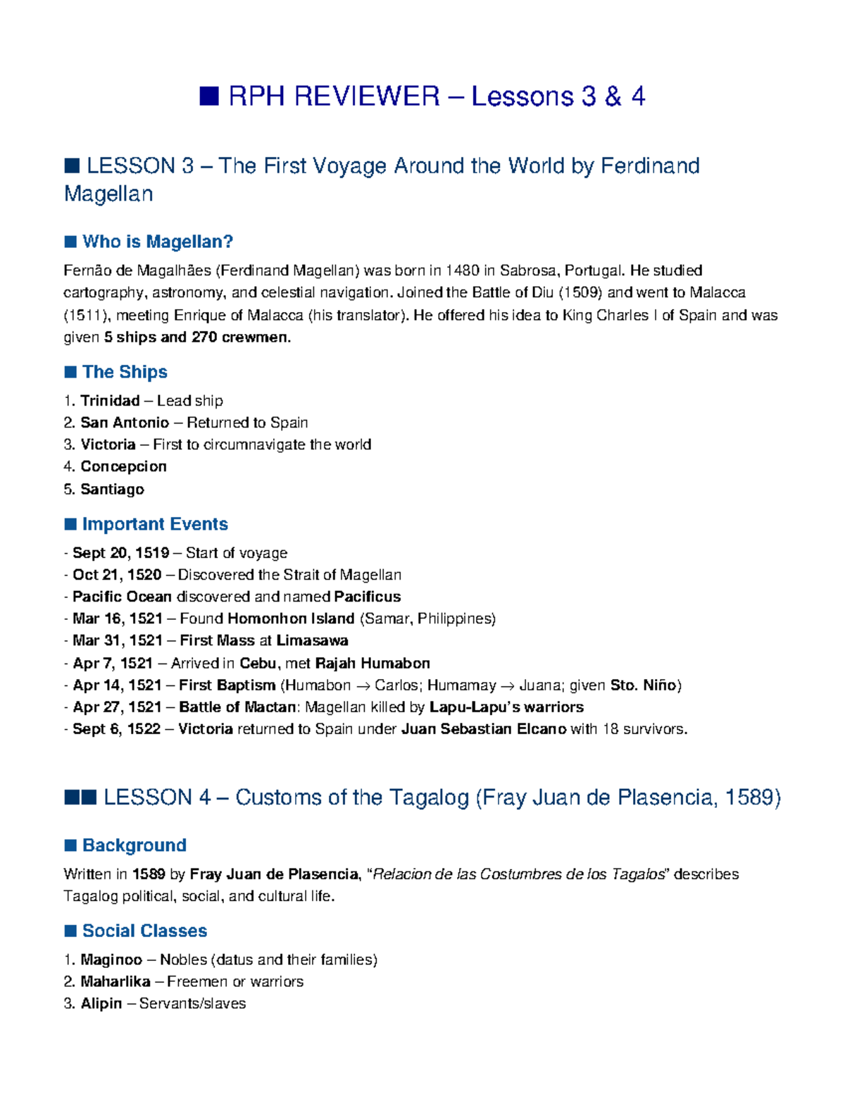 RPH Lessons 3 & 4 Reviewer: Magellan's Voyage & Tagalog Customs - Studocu