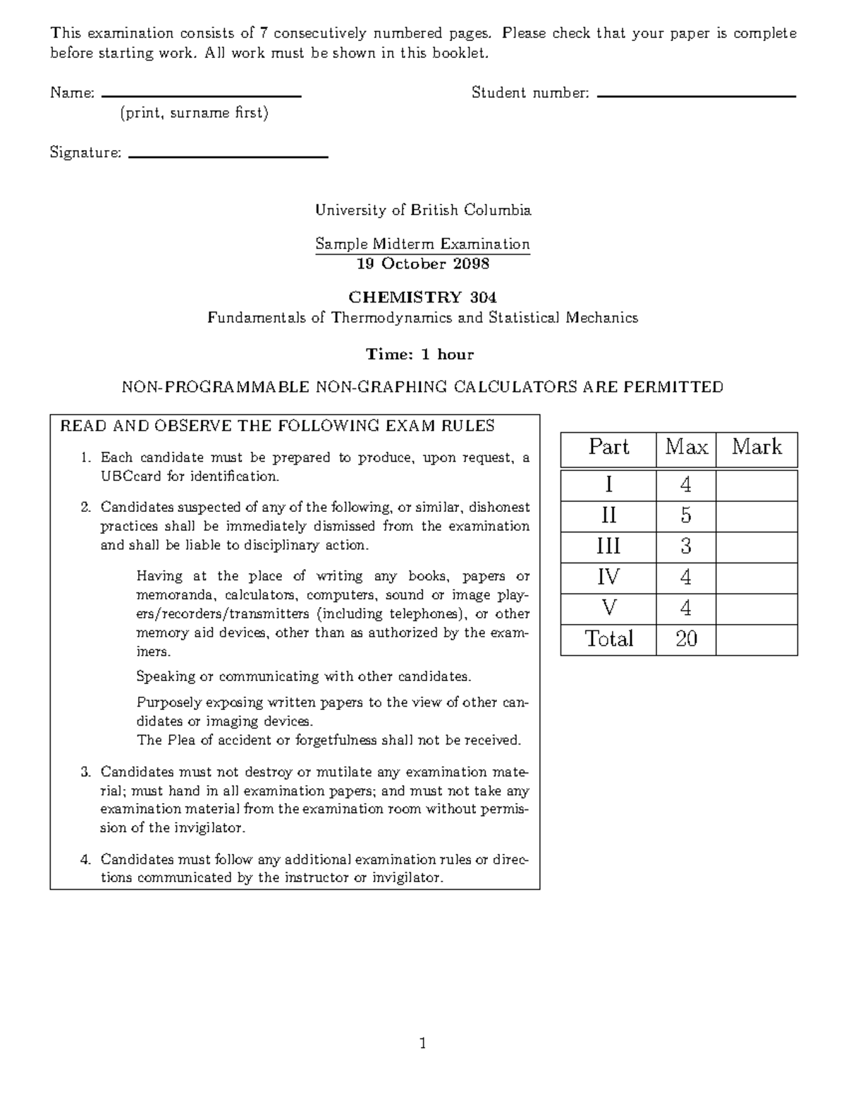 Chem304 Sample Midterm 2: Thermodynamics & Statistical Mechanics - Studocu