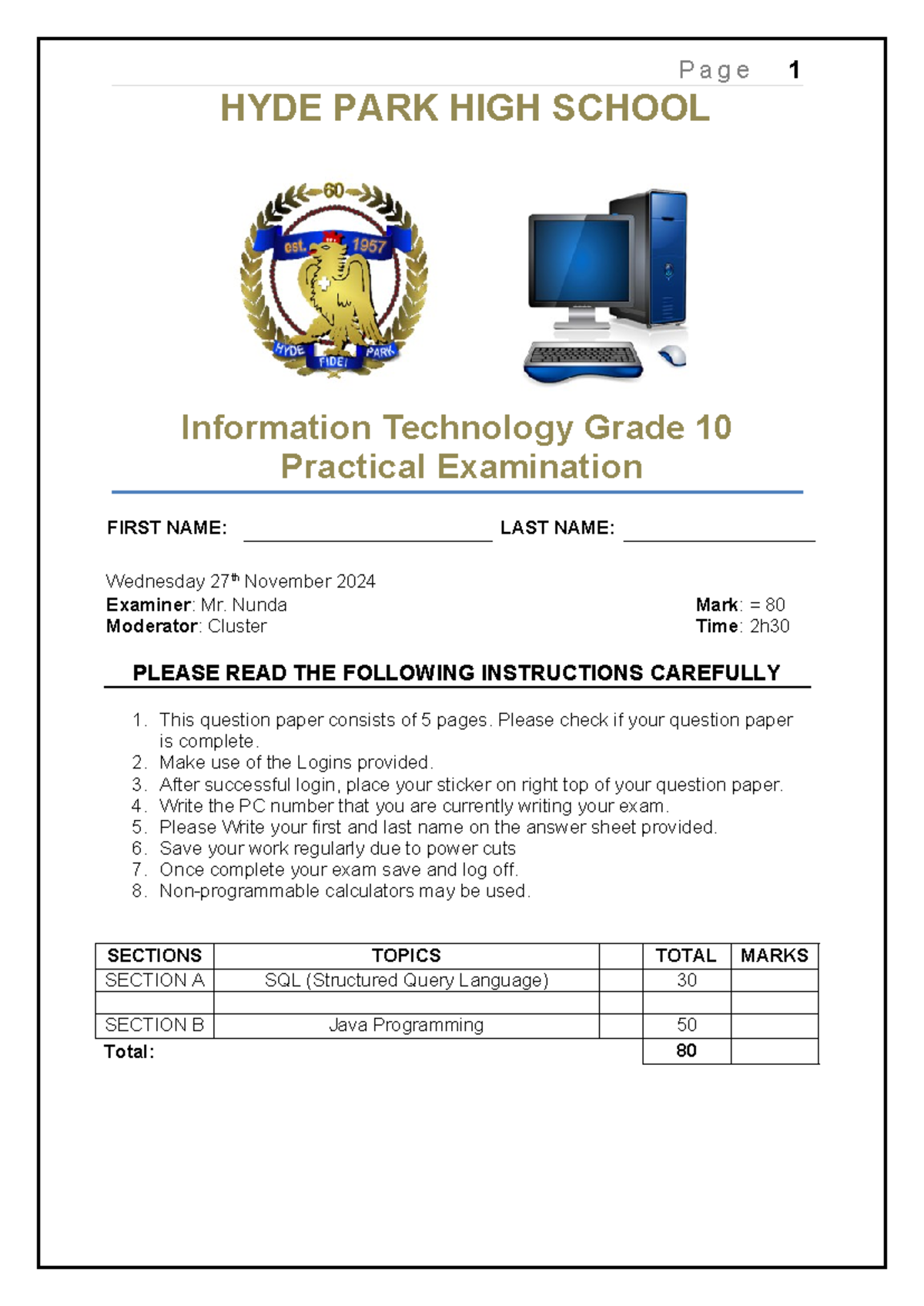 IT Grade 10 Practical Exam - Information Technology (IT) - Studocu