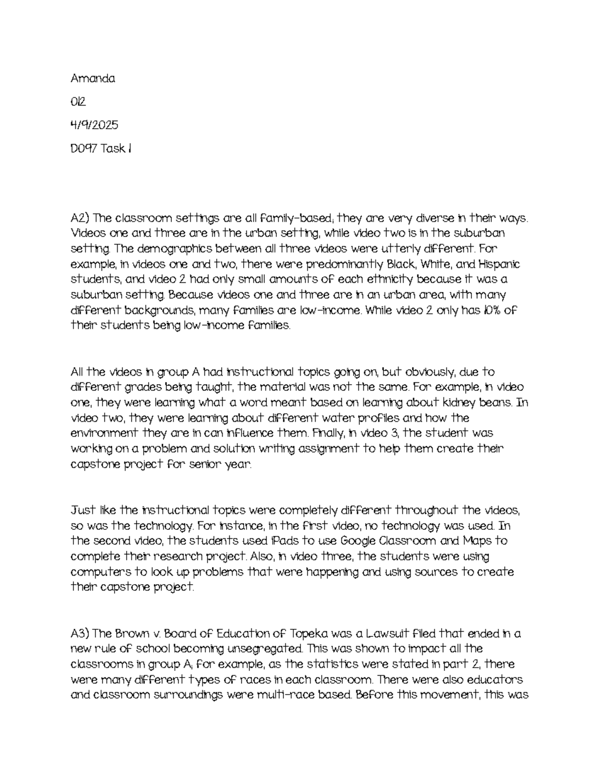 D097 Task 1: Analyzing Classroom Diversity in Urban vs. Suburban ...