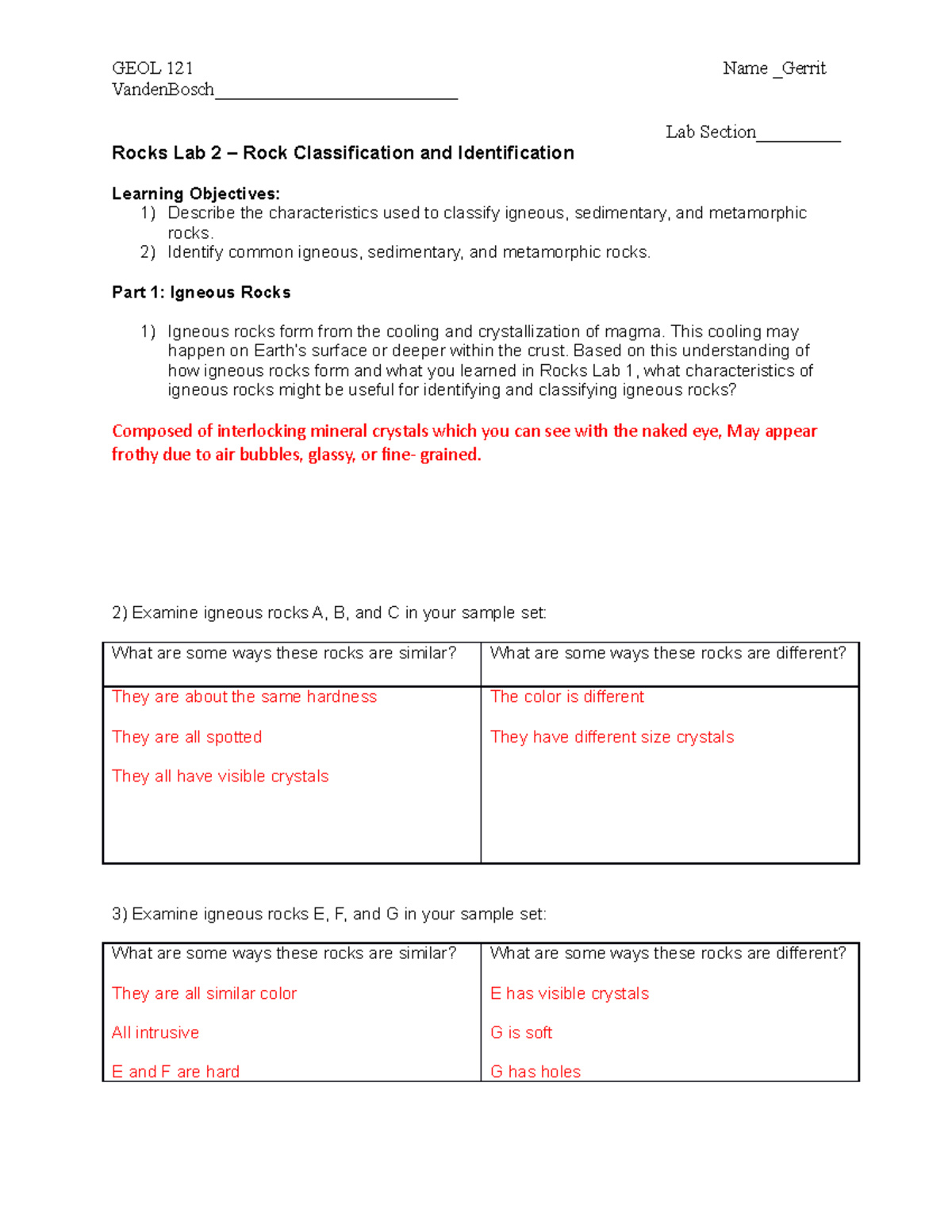 GEOL 121 - Rocks Lab 2: Classification & Identification Guide - Studocu