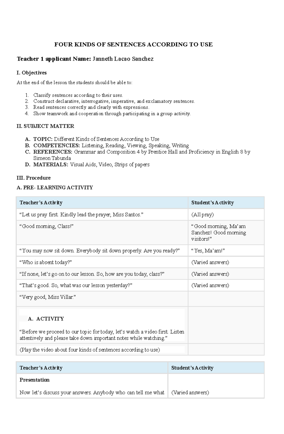 Detailed Lesson Plan: 4 Types of Sentences According to Use - Studocu