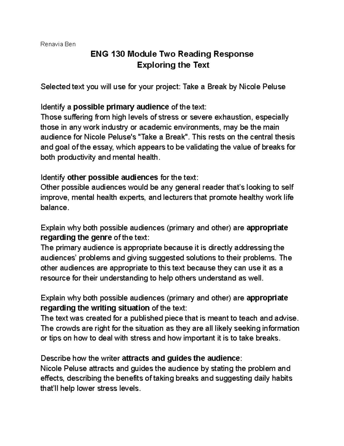 ENG 130 MOD TWO - Reading Response on "Take a Break" by N. Peluse - Studocu