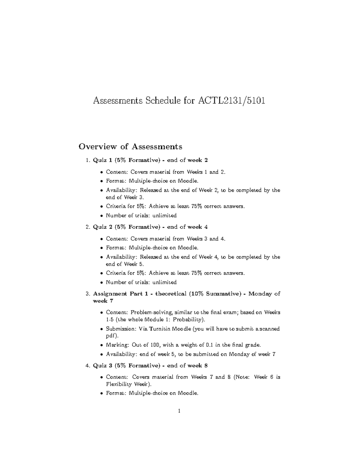 ACTL2131 Assessment Schedule: Quizzes & Assignment Overview - Studocu