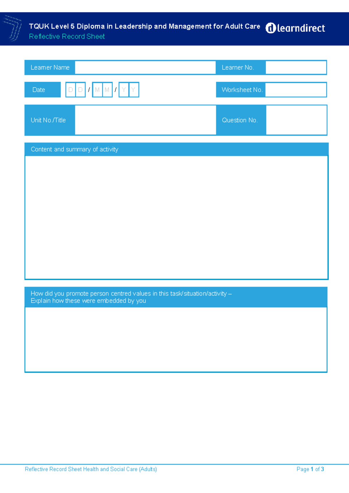 TQUK Level 5 Diploma in Leadership & Management: Reflective Record ...