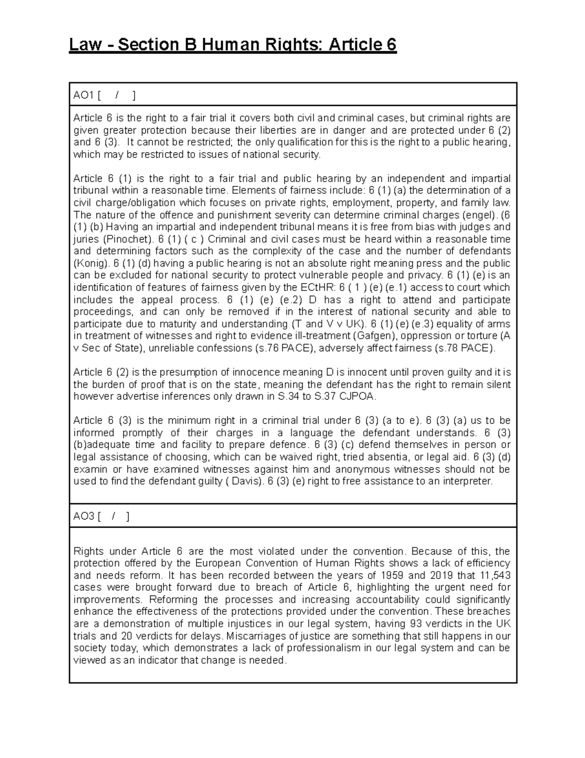 Law Section B: Evaluation of Article 6 Human Rights AO1 - Studocu