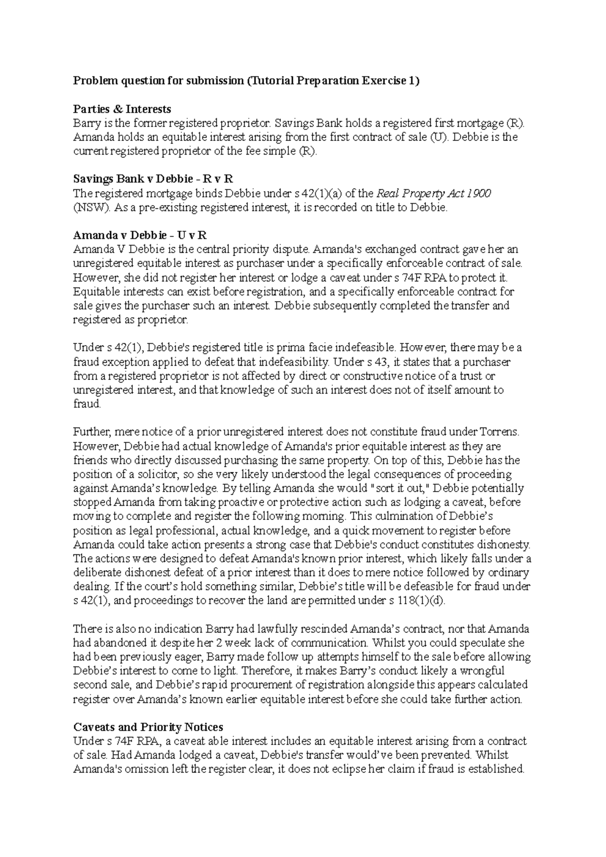 Task 1 - Preparation Exercise: Analyzing Property Interests and Fraud ...