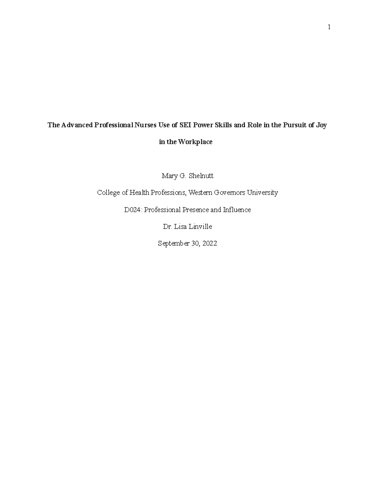 D024: Reflection Paper on SEI Power Skills for Joy in Nursing - Studocu