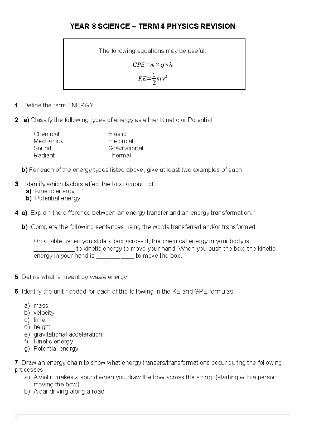 YEAR 8 SCIENCE - TERM 4 PHYSICS REVISION NOTES - Studocu
