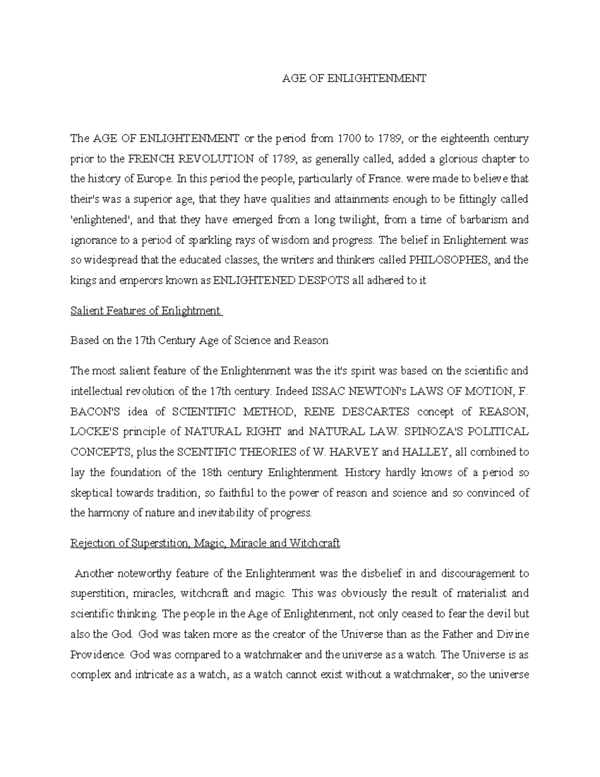 AGE OF ENLIGHTENMENT: Class Notes for BA History Course - Studocu