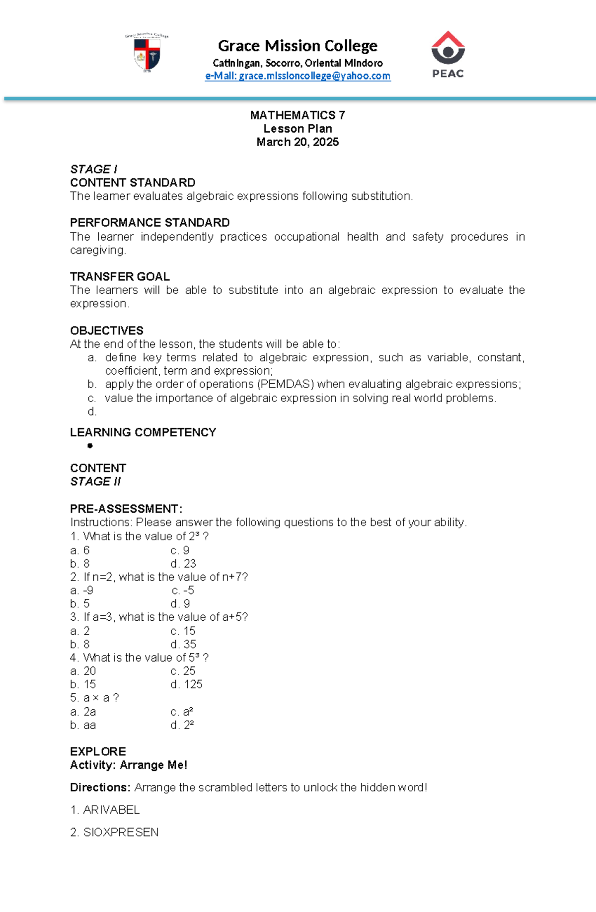 MATHEMATICS 7 Lesson Plan: Evaluating Algebraic Expressions - Studocu