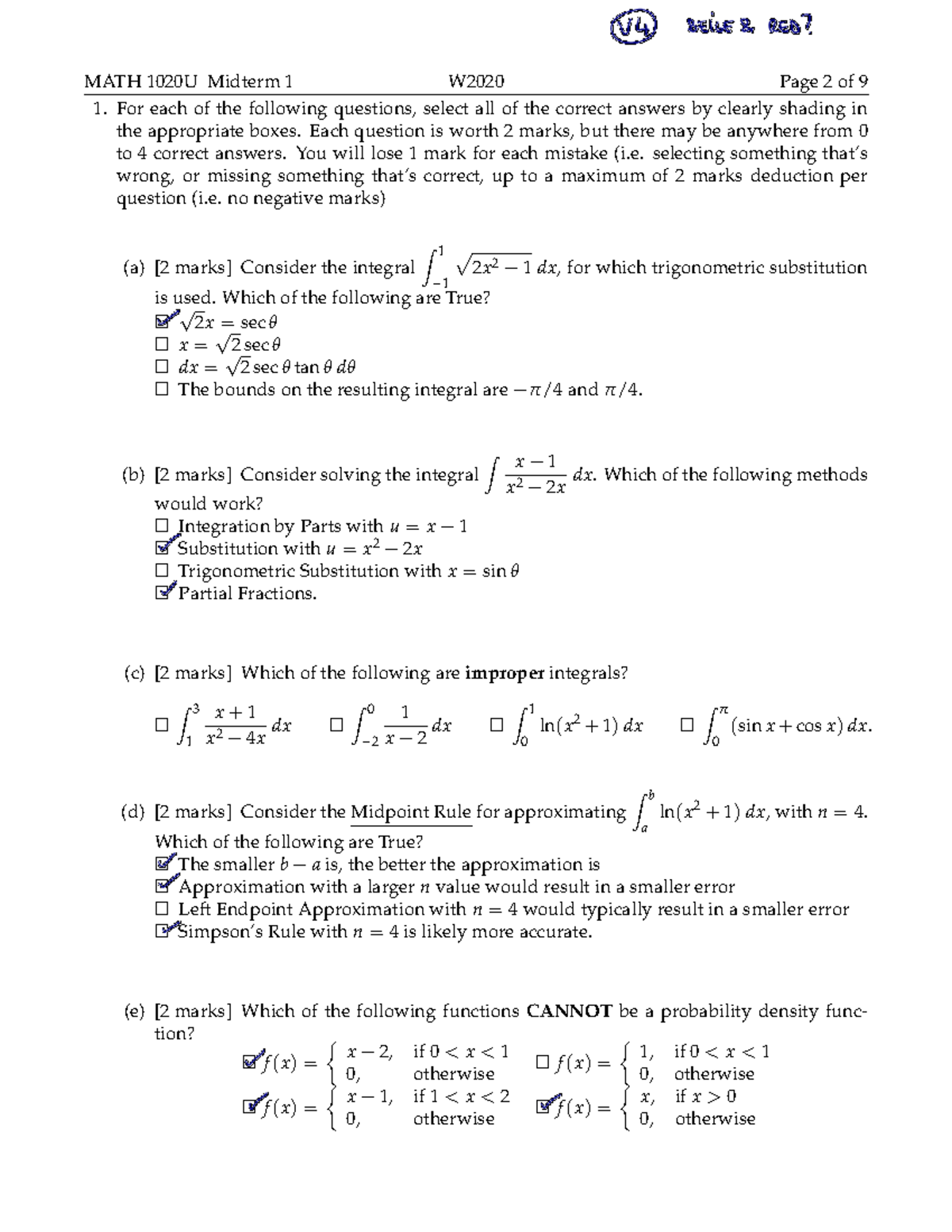 MATH 1020U Midterm 1 W2020 Solutions and Key Concepts - Studocu