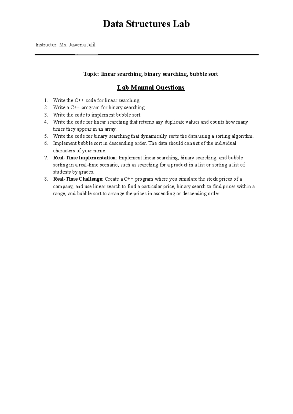 Lab Tasks (searching & sort) - Data Structures Lab Program: BSSE ...