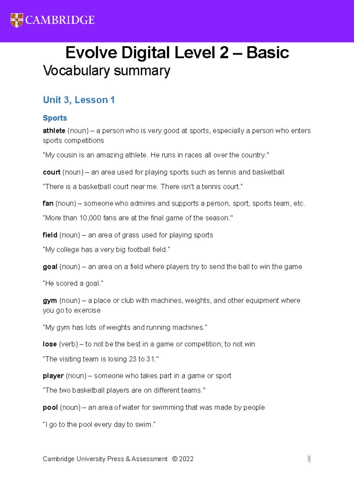 Unit 3 - Evolve Digital Level 2 Vocabulary Summary (Sports & Movement ...