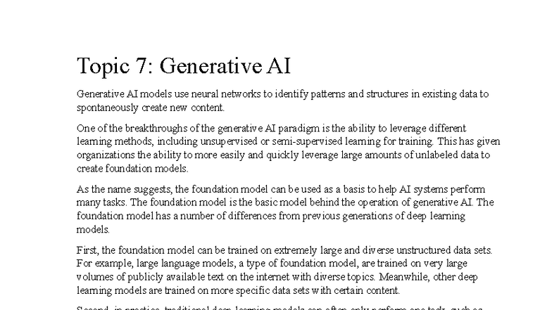 Topic 7a: Understanding Generative AI and Foundation Models - Studocu