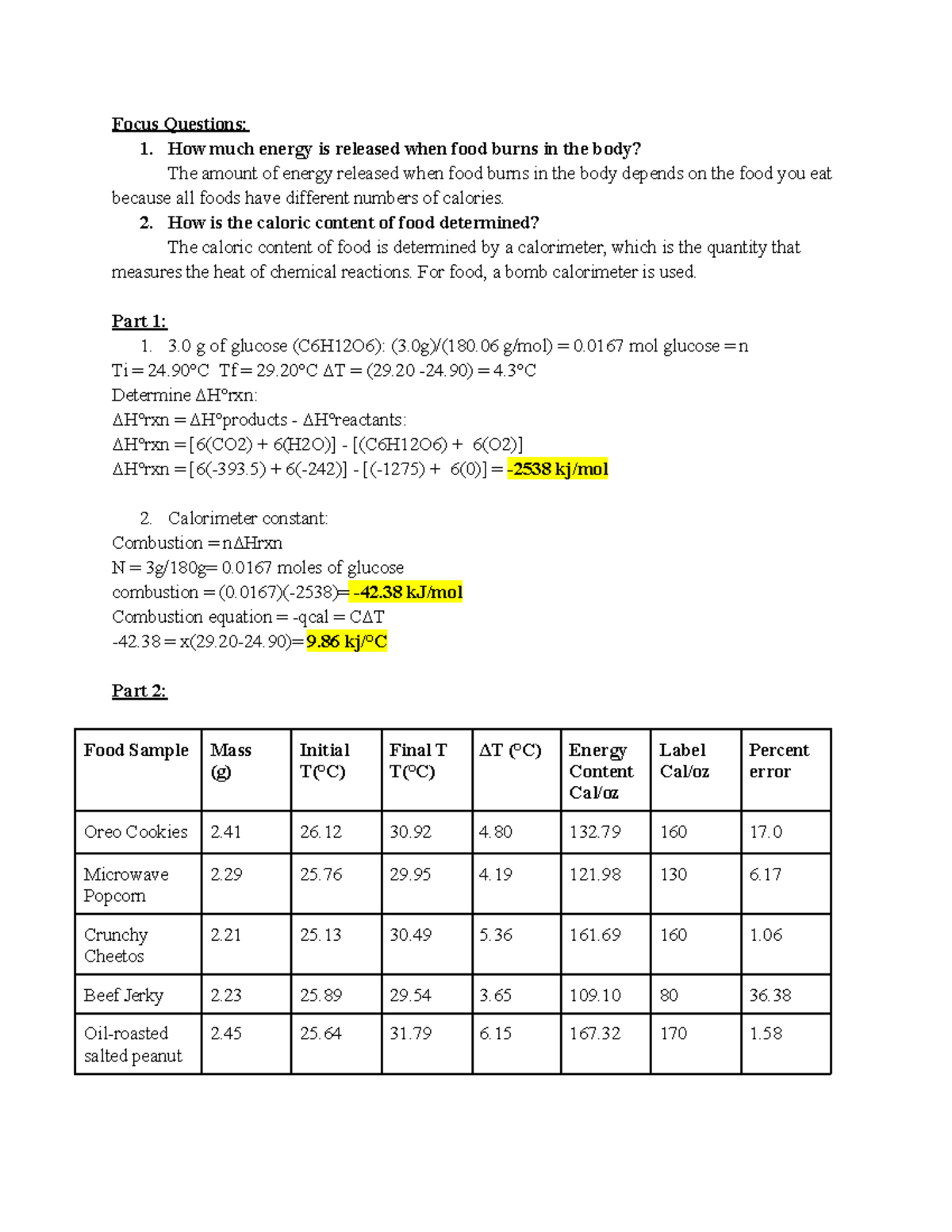 Chem 106 Lab 18 - Energy Release from Food Combustion Analysis - Studocu